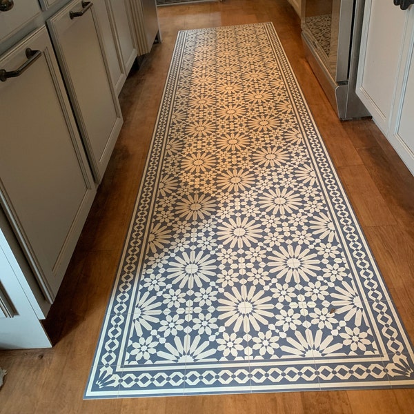 Vinyl Runner Rug or Hallway Runner With Moroccan Tiles Design in Blue ...
