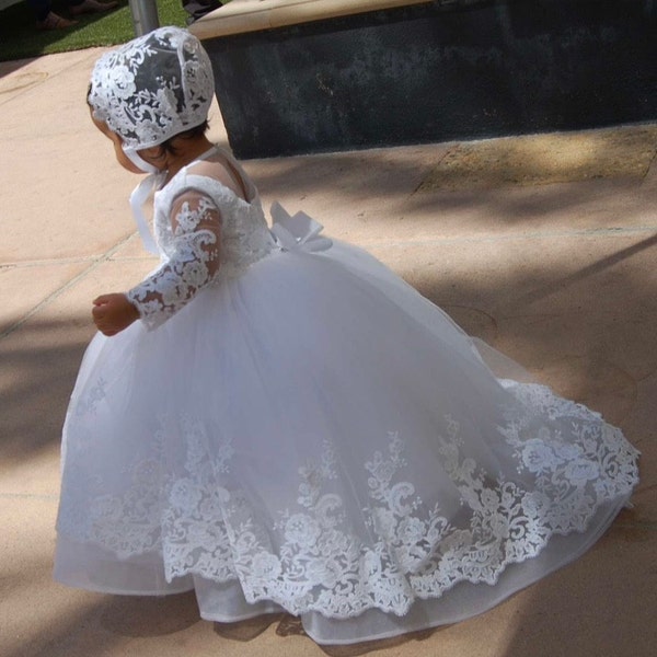 Сhristening Dress for Toddler, White Baptism Dress for Baby Girl, Christening Dress With Train ...