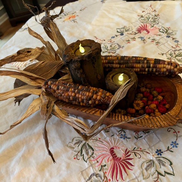 2 Large Primitive Dried Fall Wax Dipped Corn With Putka Pods Bowl ...