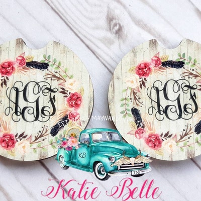 DIGITAL FILE Distressed Wooden Floral Monogram Car Coaster Sublimation ...