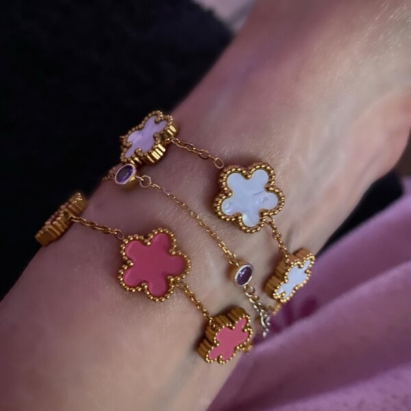 5 Leaf Clover Bracelet Pearl Clover Flower Bracelet Charm Bracelet Onyx ...
