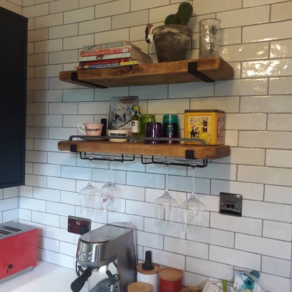 2x Shelves With Two Wine Glass Hangers & Steel Bar: Complete With Black ...