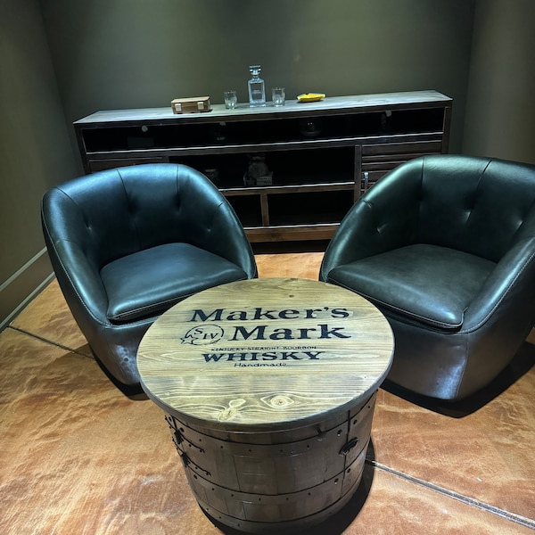 Custom Whiskey Barrel Table With Liquor Storage – Rustic Reclaimed Wood ...
