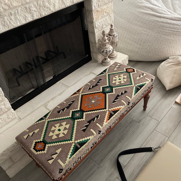 Kilim Rug Bench, Ottoman Upholstered Bench, Handmade Furniture ...