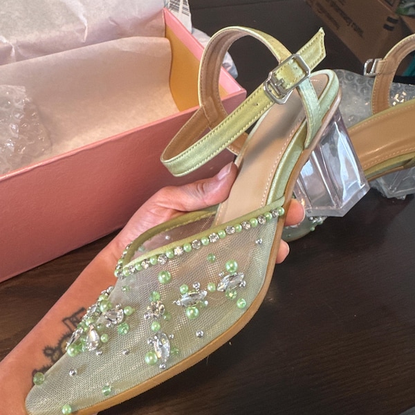 Sage Green Pointed Toe Beaded Party Shoe, Elegant Embroidery Wedding ...