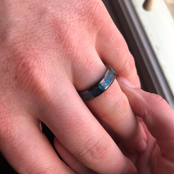 Black Ceramic Glow Wedding Ring, Authentic Meteorite Band, Blue Opal ...