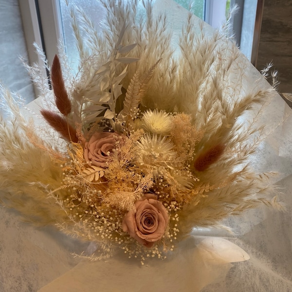 Pampas Grass Preserved Blush Pink Rose Boho Bouquet Blush Pink Bridal ...