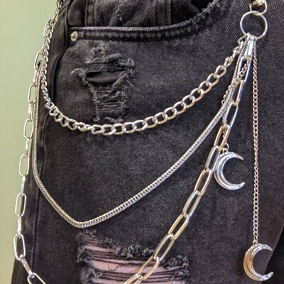 Jeans Pants Triple Layered Side Punk Chain Double Moon Keychain ...