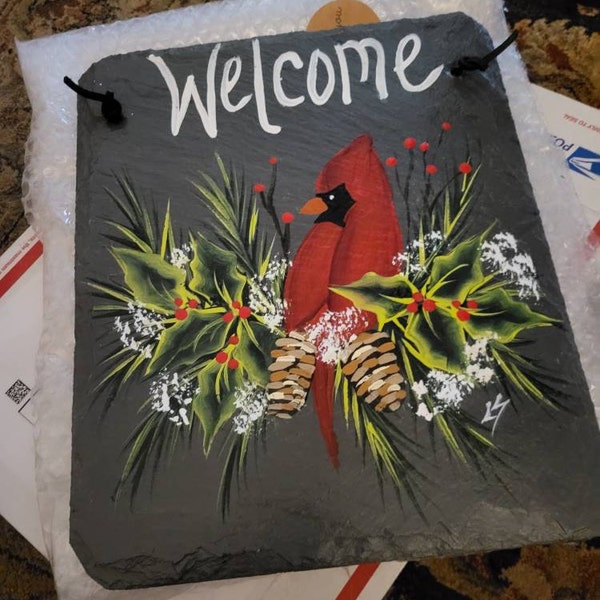 Painted Slate Sign, Winter Cardinal Welcome Sign, Slate Sign, Winter ...