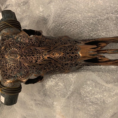 Real Buffalo Skull on Pedestal, Buffalo Skull Decorated Metalized ...