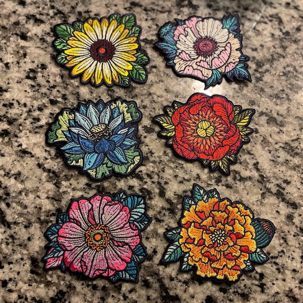 Flower Embroidered Iron on Patches - Peony, Poppy, Marigold, Lotus ...