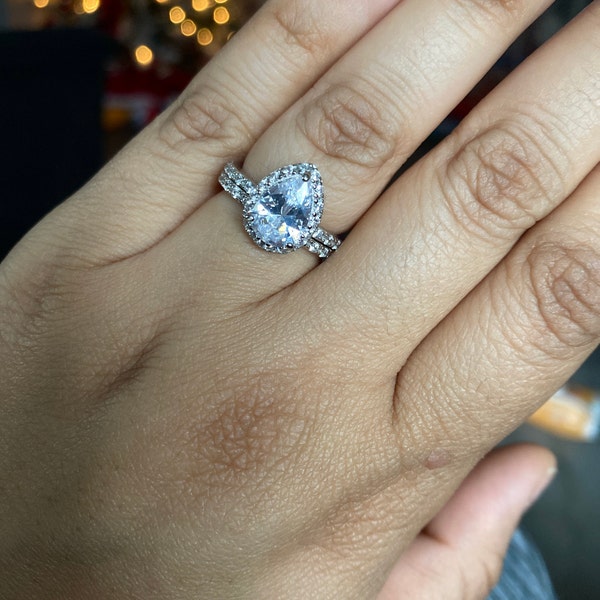 2.00ct Pear Shape Halo Ring Set, Pear Proposal Ring, Teardrop Wedding ...