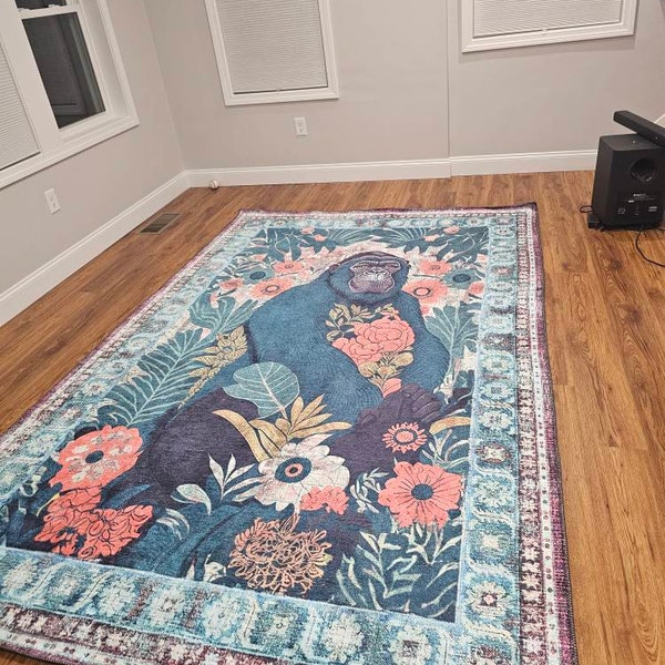 Art Deco Gorilla Rug, Forest Green Tropical Rug, Maximalist Art Rug ...