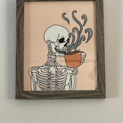 SMALLER PRINT Skeleton Drinking Coffee Print, Fall, Autumn, Halloween ...