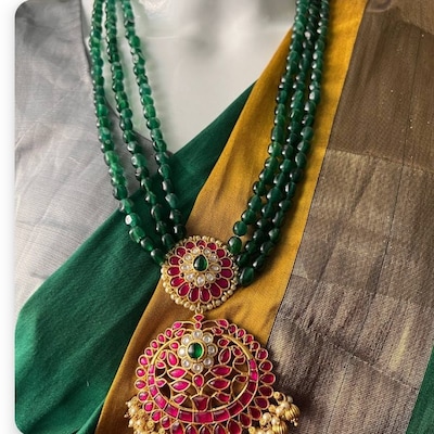 Jadau Necklace Red Green Jadau Kundan Gold Finish/mango Mala Haram 28 Inches /mint Green Beads ...