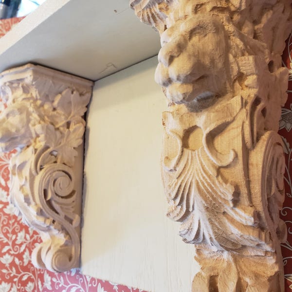 Pair of Corbels Lion, Unpainted, Decorative Carved Wooden Corbel, Home ...