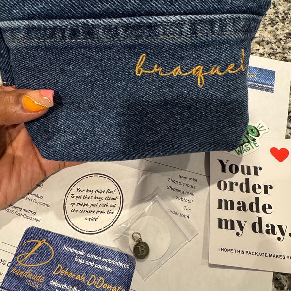Personalized Upcycled Denim Zipper Pouch: Embroidered Makeup Bag Made ...