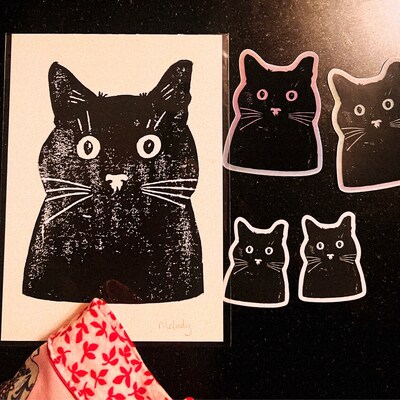 5x7 Black Cat Block Print - Etsy