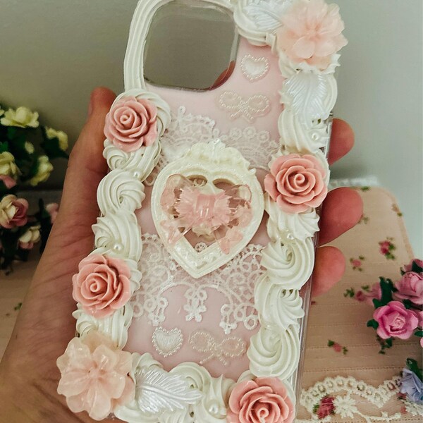Baby Pink Heart Decoden Phone Case for All Brand, Light Pink Roses ...
