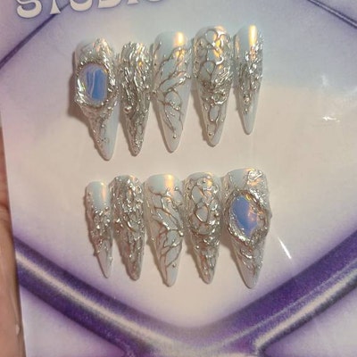 LM014 Black and White Star Themed Nails Minimal Style Nails Handpainted ...