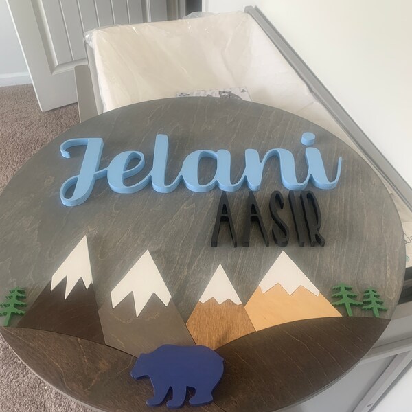 Mountain Scene Name Sign, Woodland Nursery Theme, Round 3D Nursery Name ...