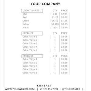 Tshirt PRICE LIST Template Editable. Printable Price Sheet, Price Guide ...