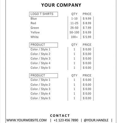 Tshirt PRICE LIST Template Editable. Printable Price Sheet, Price Guide ...
