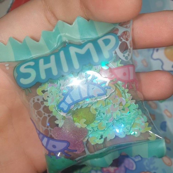 Shrimp Candy Bag Shaker Keychain Puffy Squishy PVC Charm Cute Ocean ...