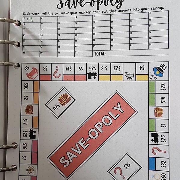 Saveopoly Savings Challenge - PRINTABLE Journal Page - Printable Savings Game - Savings Tracker ...