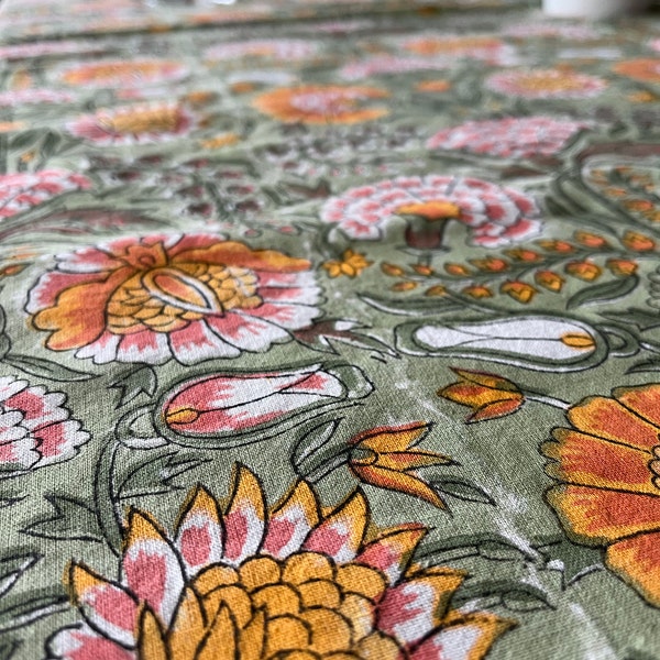 Burnt Orange, Olive Green Floral Indian Hand Block Printed Rectangle ...