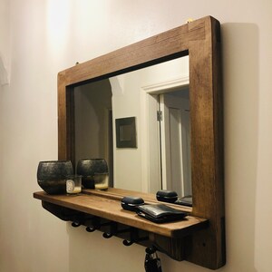 Large Mirror With Shelf & 5 Iron Hooks, Wide Rustic Wooden Frame, 76W X ...