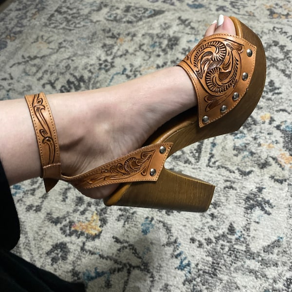 Tooled Leather High Heels. Launching SALE! Handcrafted. Any Color ...