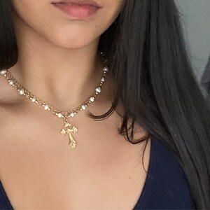 18K Gold Freshwater Natural Pearl Gold Beaded Cross Pendant, Gold Cross ...
