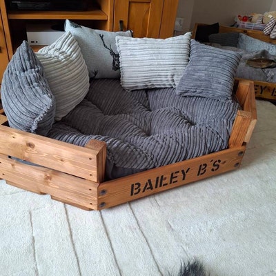 Large Personalised Rustic Wooden Corner Dog Bed in Grey and Black ...