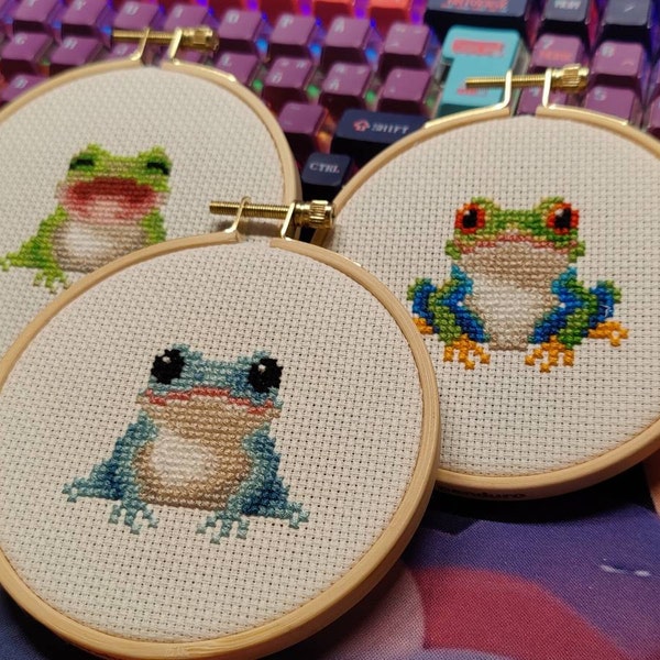 Frogs Cross Stitch Pattern PDF Bundle - Blue + Green Frog Embroidery ...