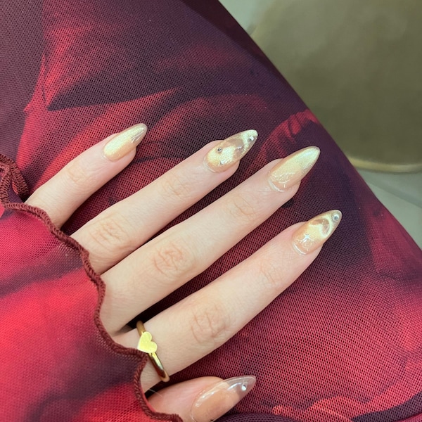 Jelly Shiny Sunset Champagne Galaxy Aurora Cat Eye Press on Nails ...