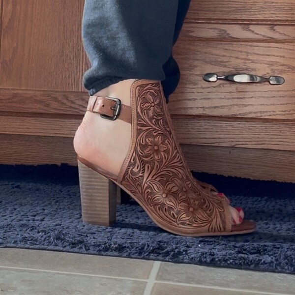 Tooled Leather Wedge Sandals, Western Sandals, Wedding, Prom Shoes - Etsy