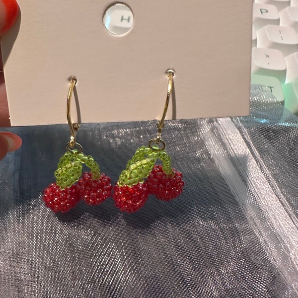 Beaded Raspberry Earrings With Gold or Silver Huggie | 3D Handmade ...