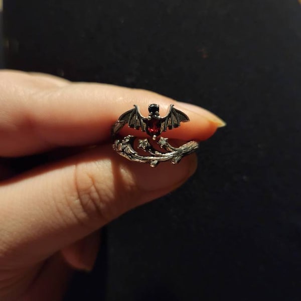 Sterling Silver Bat Ring Moon Star Adjustable Bat Ring Punk Gothic ...