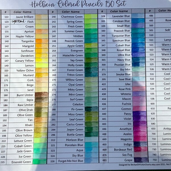 Holbein - 150 Colored Pencil Set - DIY Color Chart / Swatch Sheet ...