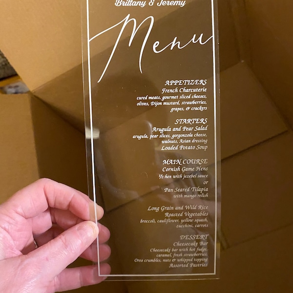 Gold Foil Acrylic Wedding Menu Card (4x9") Birthday, Thank You, Custom ...