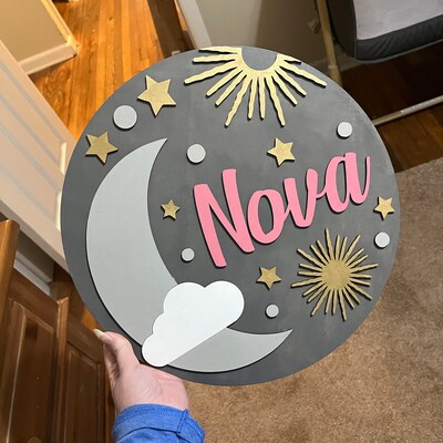 Moon and Stars Nursery Name Sign, 3D Round Wood Sign, Cloud Name Sign ...