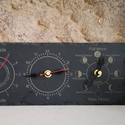 Laser Engraved Time, Tide and Moon Phase SLATE WALL CLOCK 30cm X 12cm ...