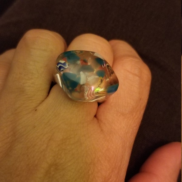 BLACK RHINESTONE RING Size 6 / Lucite / Signed-inscribed / Mod Go-go ...