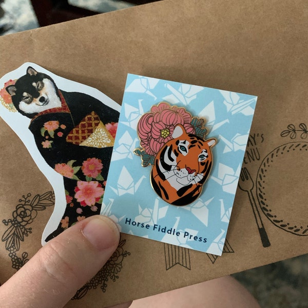 Tiger and Peonies Enamel Pin_tiger_horsefiddlepress_illustration_tiger ...