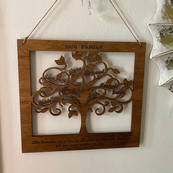 Large Personalised Family Tree Wall Art Engraved Family Names Wooden ...