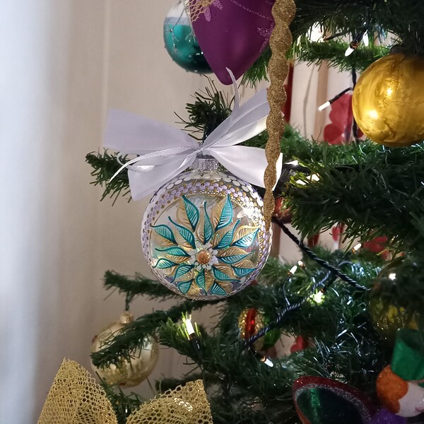 Bespoke Hand-painted Large Glass Mandala Christmas Bauble Ornament ...