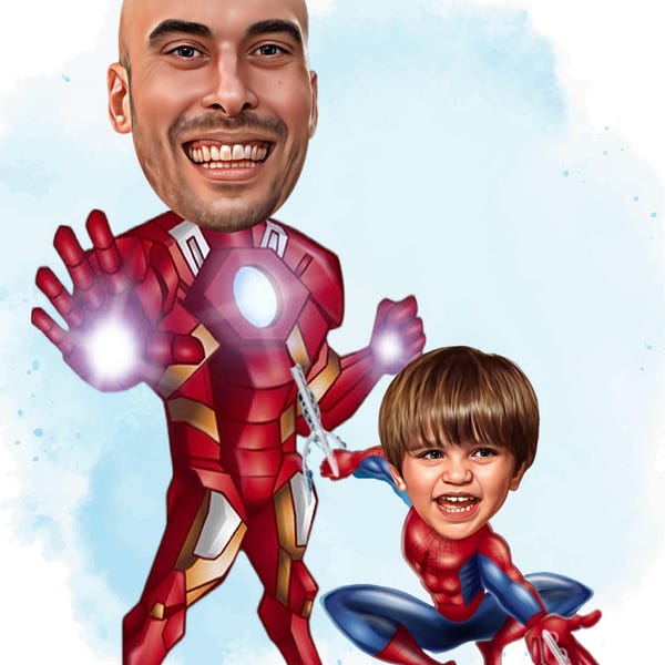 Custom Super Dad and Son Cartoon Portrait, Super Dad Portrait, Dad's ...