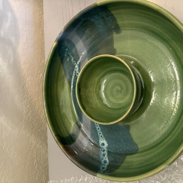 Handmade Pottery Chip and Dip Bowl Green Ceramic Chip and Dip Bowl ...
