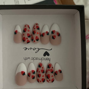 STRAWBERRY CHEESECAKE Set Luxury Press on Nails Handpainted Nails Glue ...